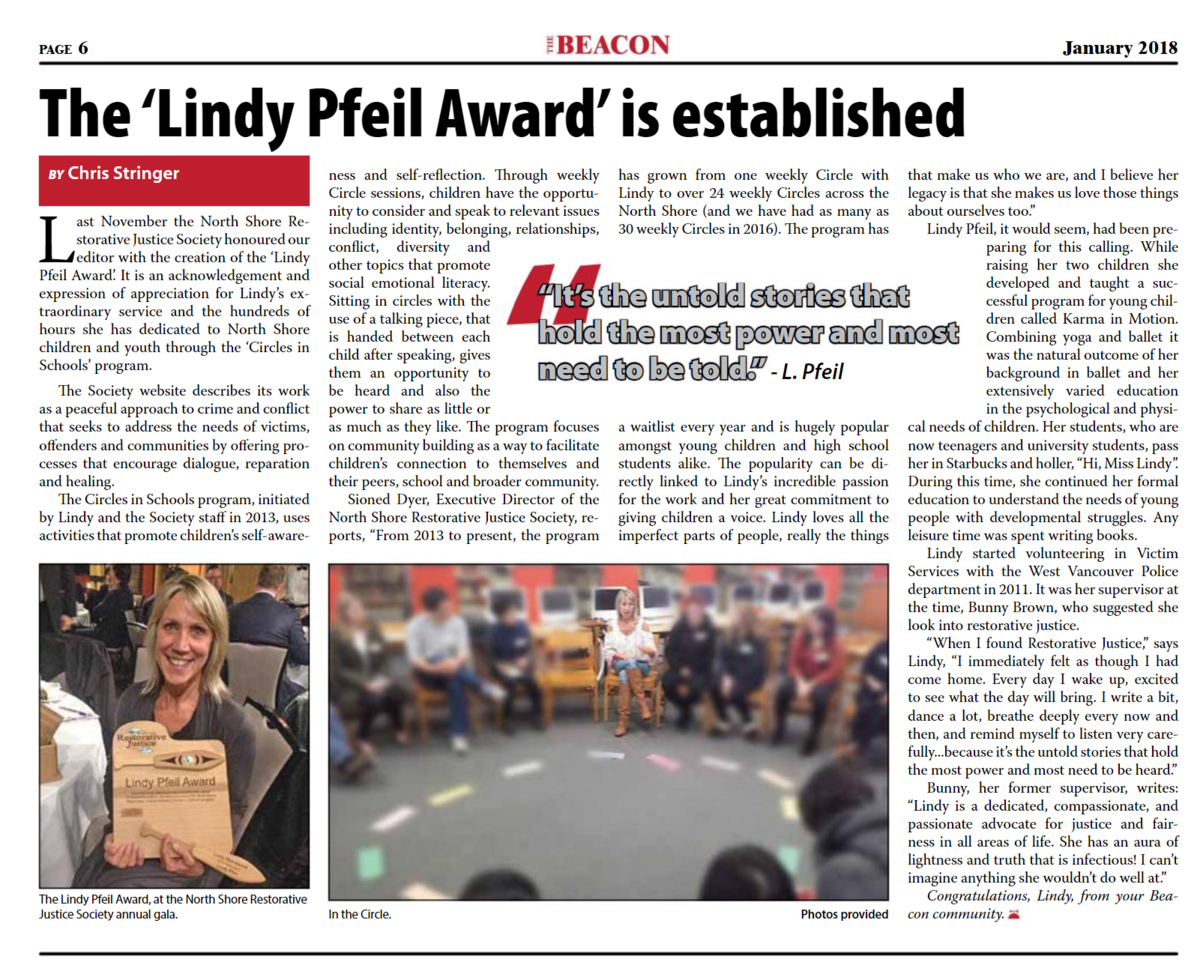 Lindy Pfeil Award Highlighted in Beacon Newspaper | Restorative Schools ...