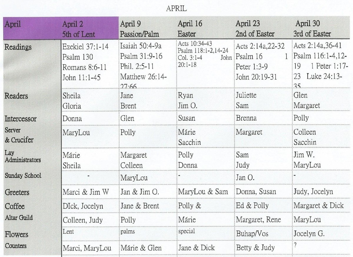 Schedule April 2017 | All Saints Anglican Church Mission