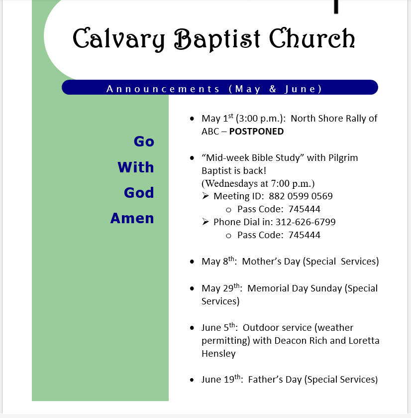 MAY AND JUNE CHURCH ANNOUNCEMENTS | Calvary Baptist Church - Belmar, NJ