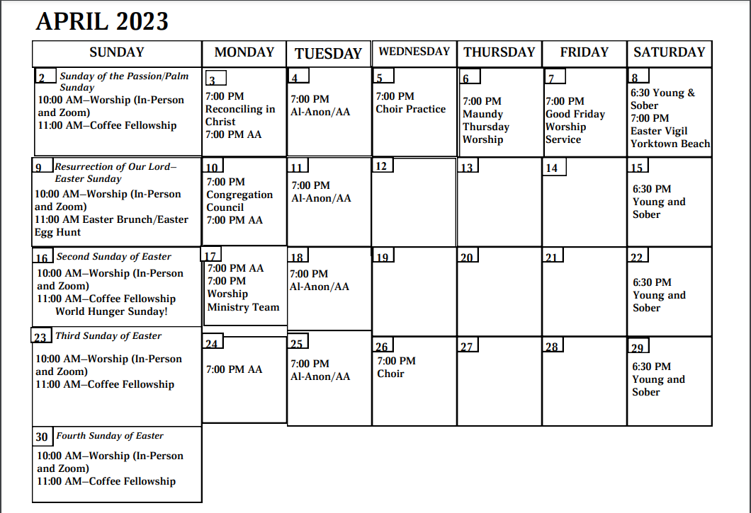 Apostles Calendar - April 2023 | Apostles Lutheran Church