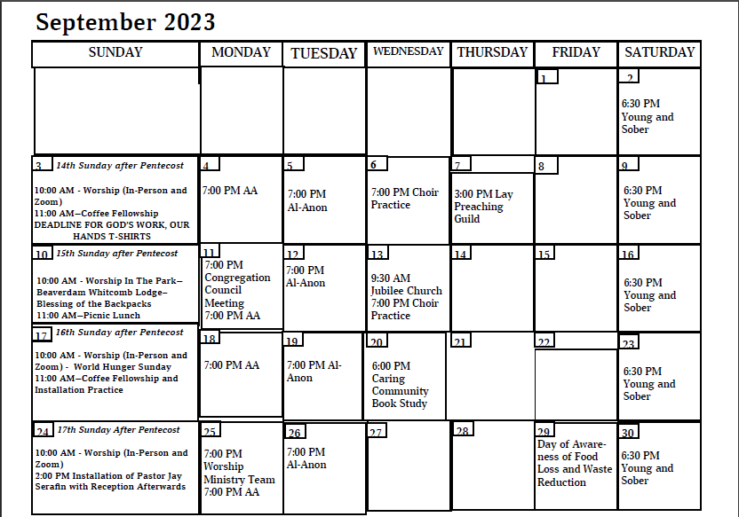 Apostles Calendar - September 2023 | Apostles Lutheran Church