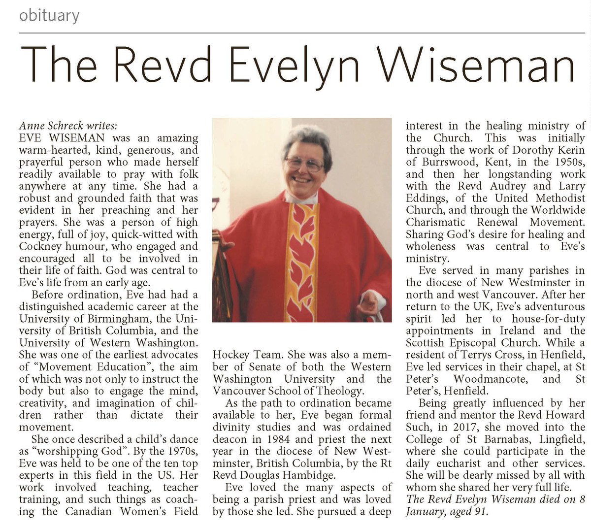 The Reverend Eve Wiseman Obit | Anglican Diocese of New Westminster
