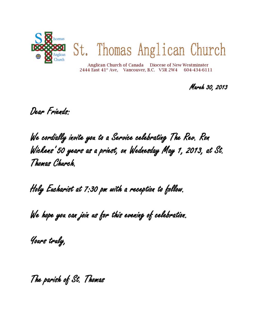 The Reverend Ron Wickens' 50th Anniversary of Ordination to the ...