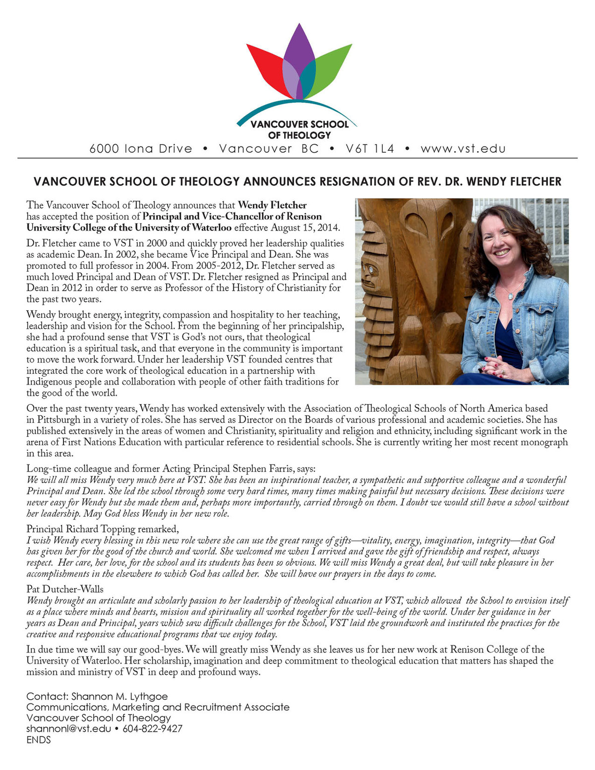 The Reverend Dr. Wendy Fletcher Resigns from Vancouver School of ...