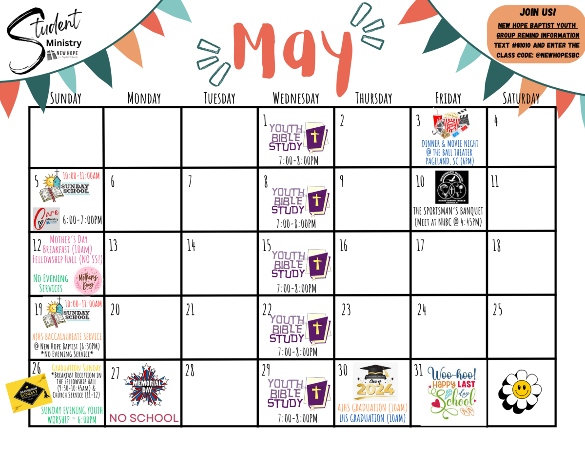 Student Ministry Calendar for May | Student Ministry | New Hope Baptist ...