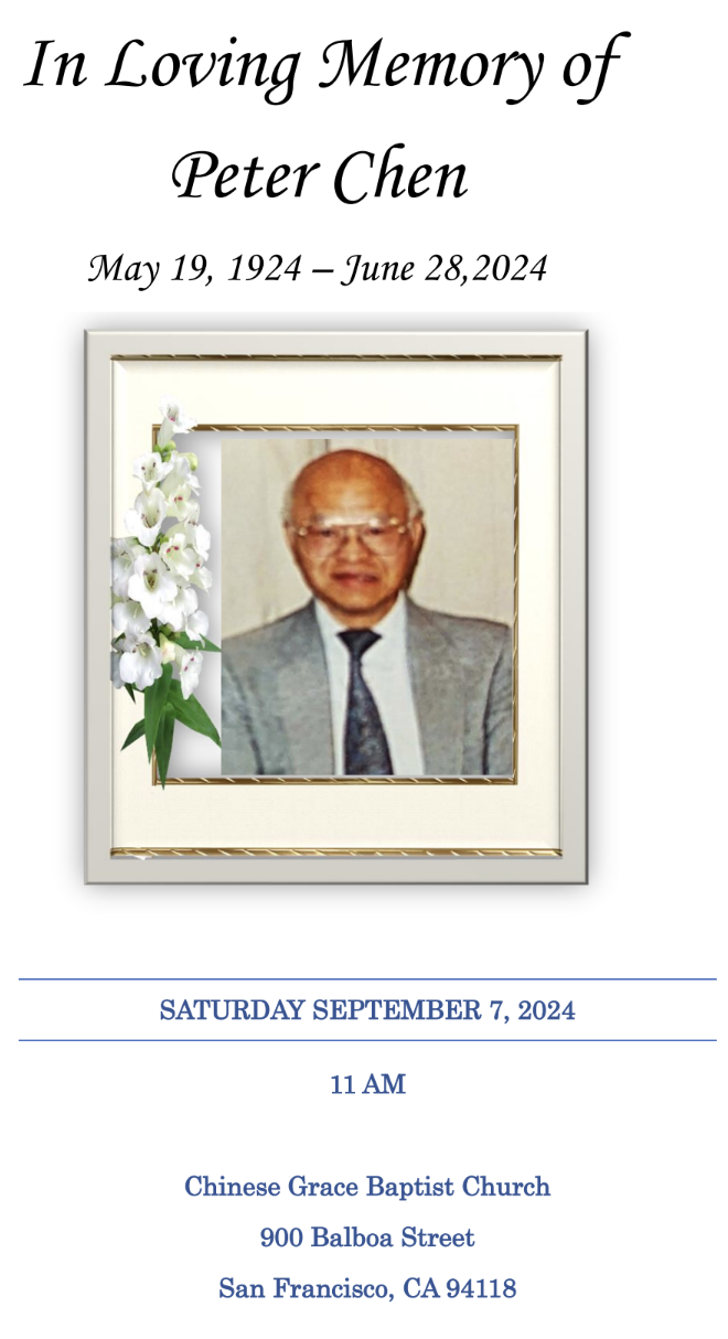 Passing of Emeritus Pastor Rev. Peter Chen | San Francisco Peninsula | Bridges Bay Area Association