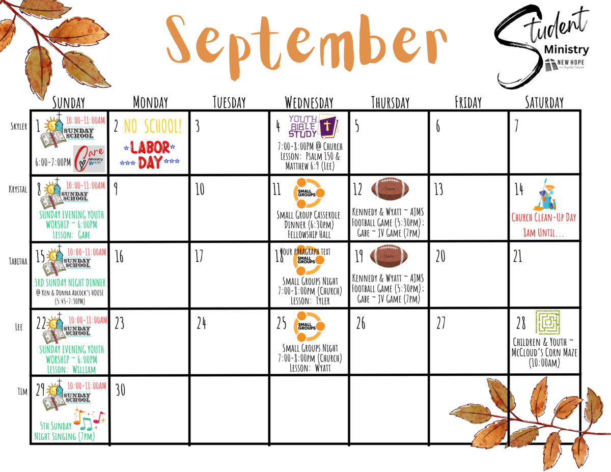 Student Ministries Sept. Calendar | New Hope Baptist Church