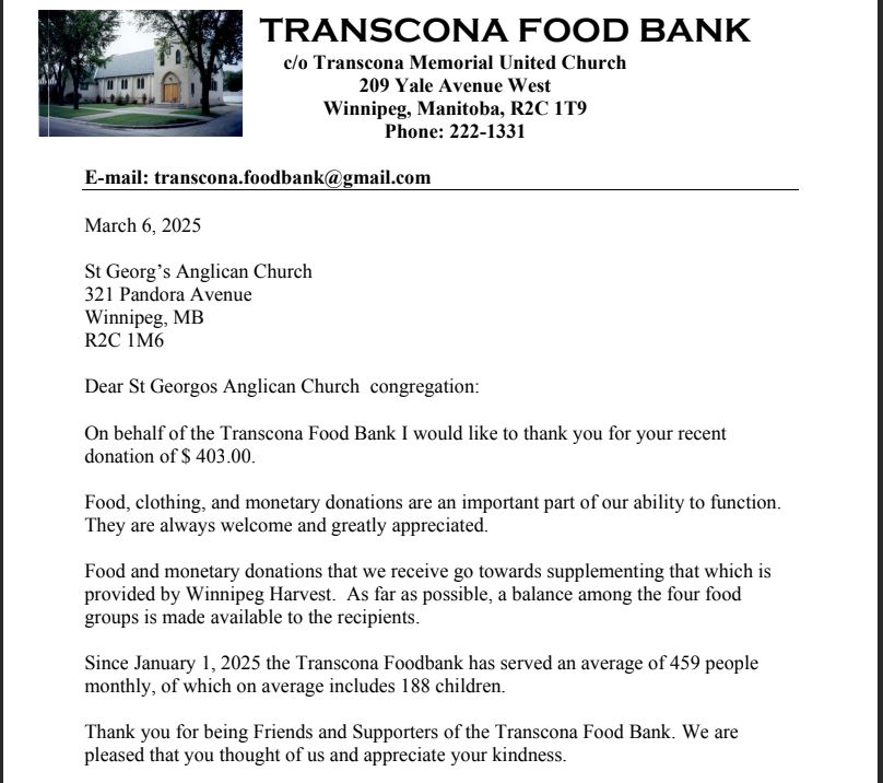 Transcona Food Bank Thank you | St. George's Anglican Transcona