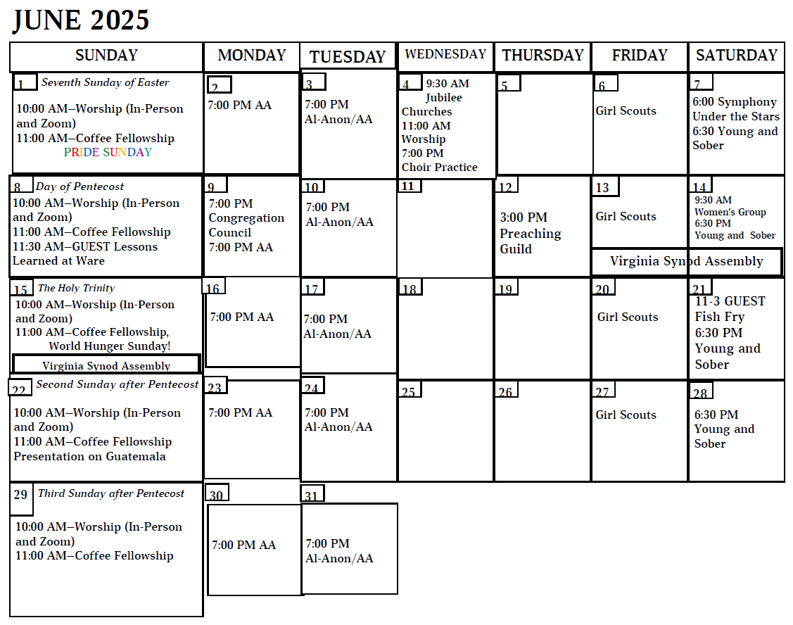 Calendar - June 2025 | Apostles Lutheran Church